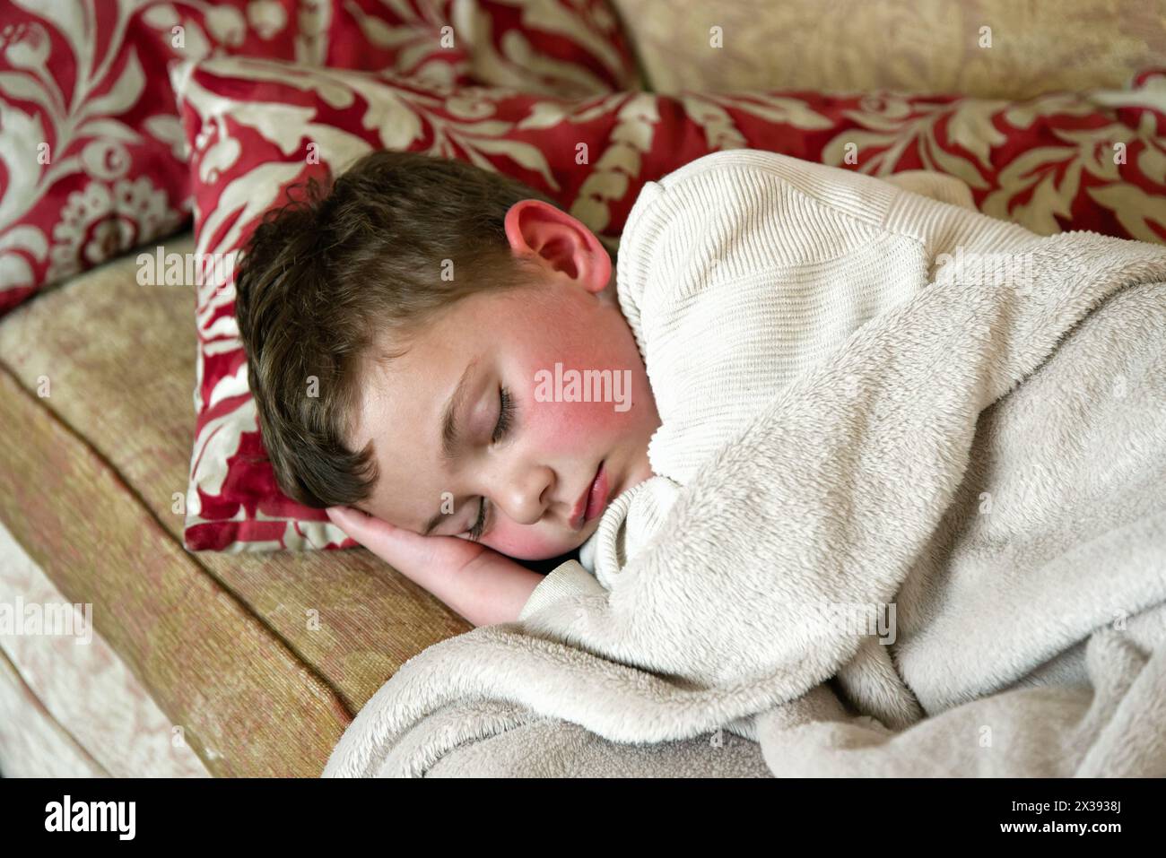 A young five year old boy fast asleep on a couch resting his head on ...