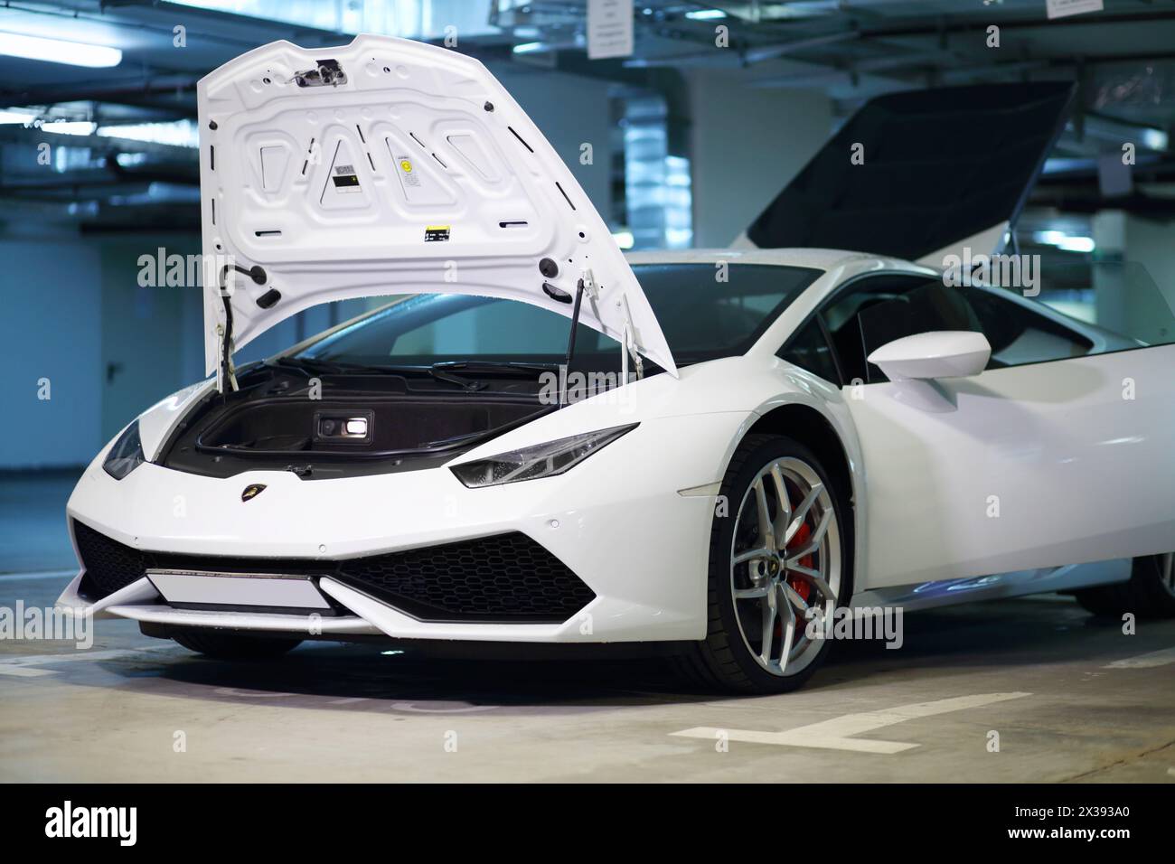 MOSCOW - MAY 20, 2016: Lamborghini Huracan LP 610-4 with opened hood in ...