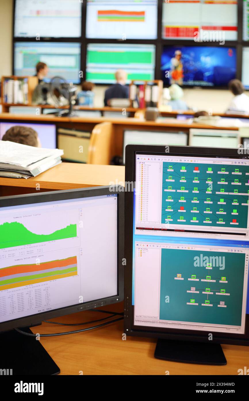 MOSCOW, RUSSIA - APR 25, 2016: Workplace with monitors in Moscow city ...