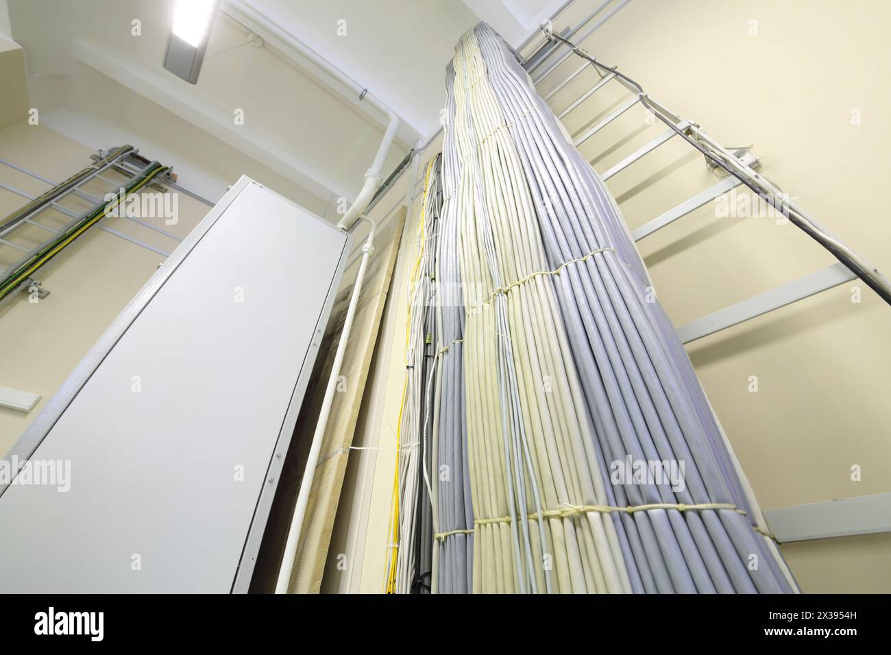 Empty storage at communications room with many cables and ladder Stock ...