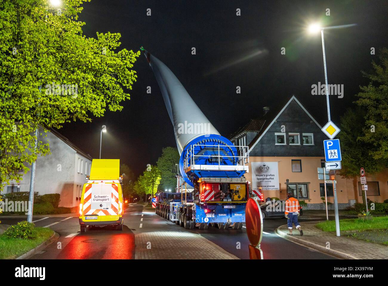 Transport of a 68 meter long, 22 T heavy blade of a wind turbine, here ...