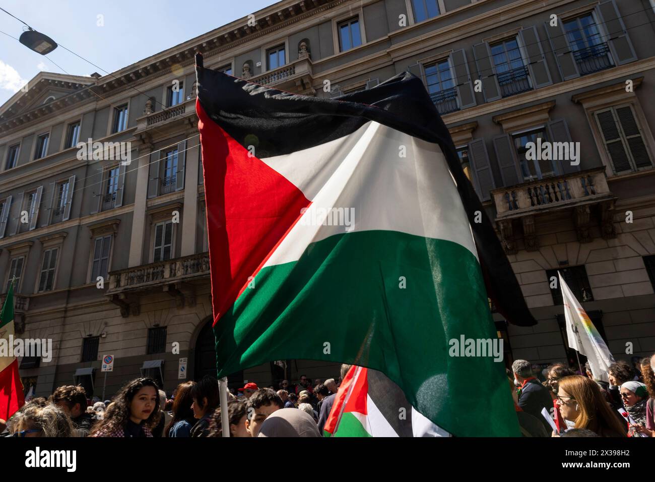 Milan, Italy. April 25, 2024, Palestinian flag is displayed during the ...