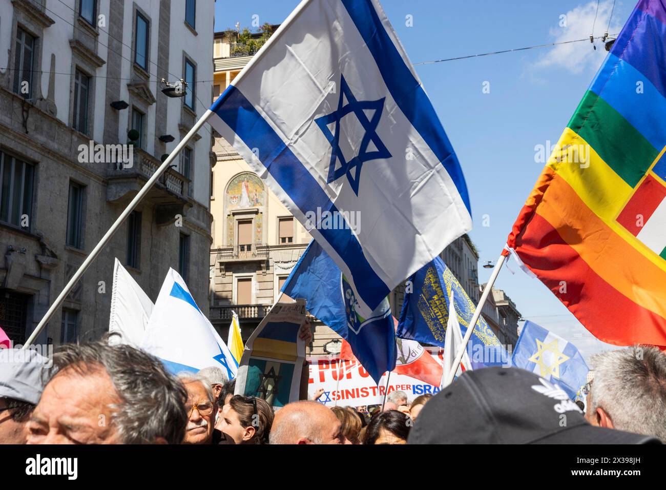 Milan, Italy. April 25, 2024, Israeli flag is displayed during the ...