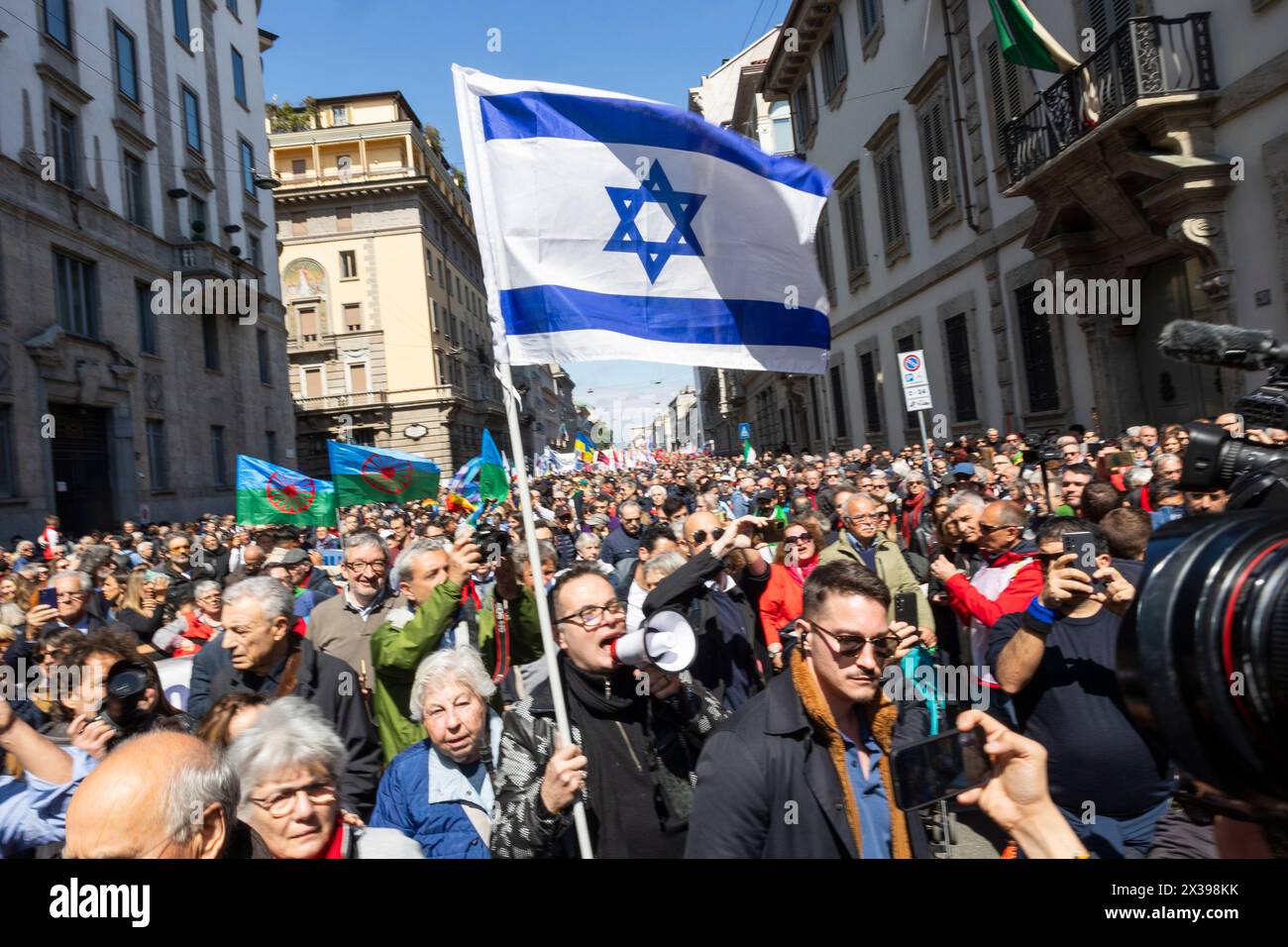 Milan, Italy. April 25, 2024, Israeli flag is displayed during the ...