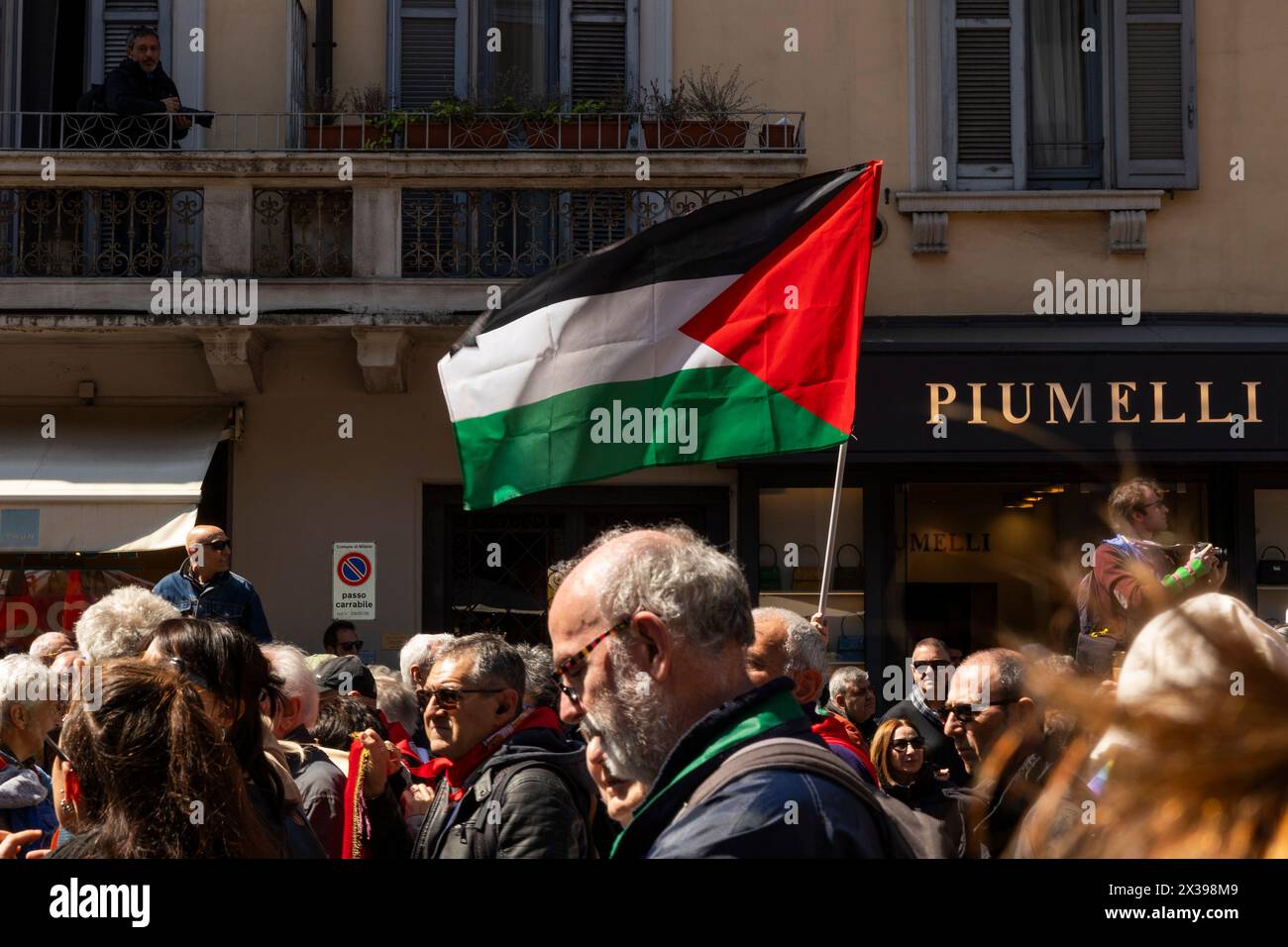Milan, Italy. April 25, 2024, Palestinian flag is displayed during the ...
