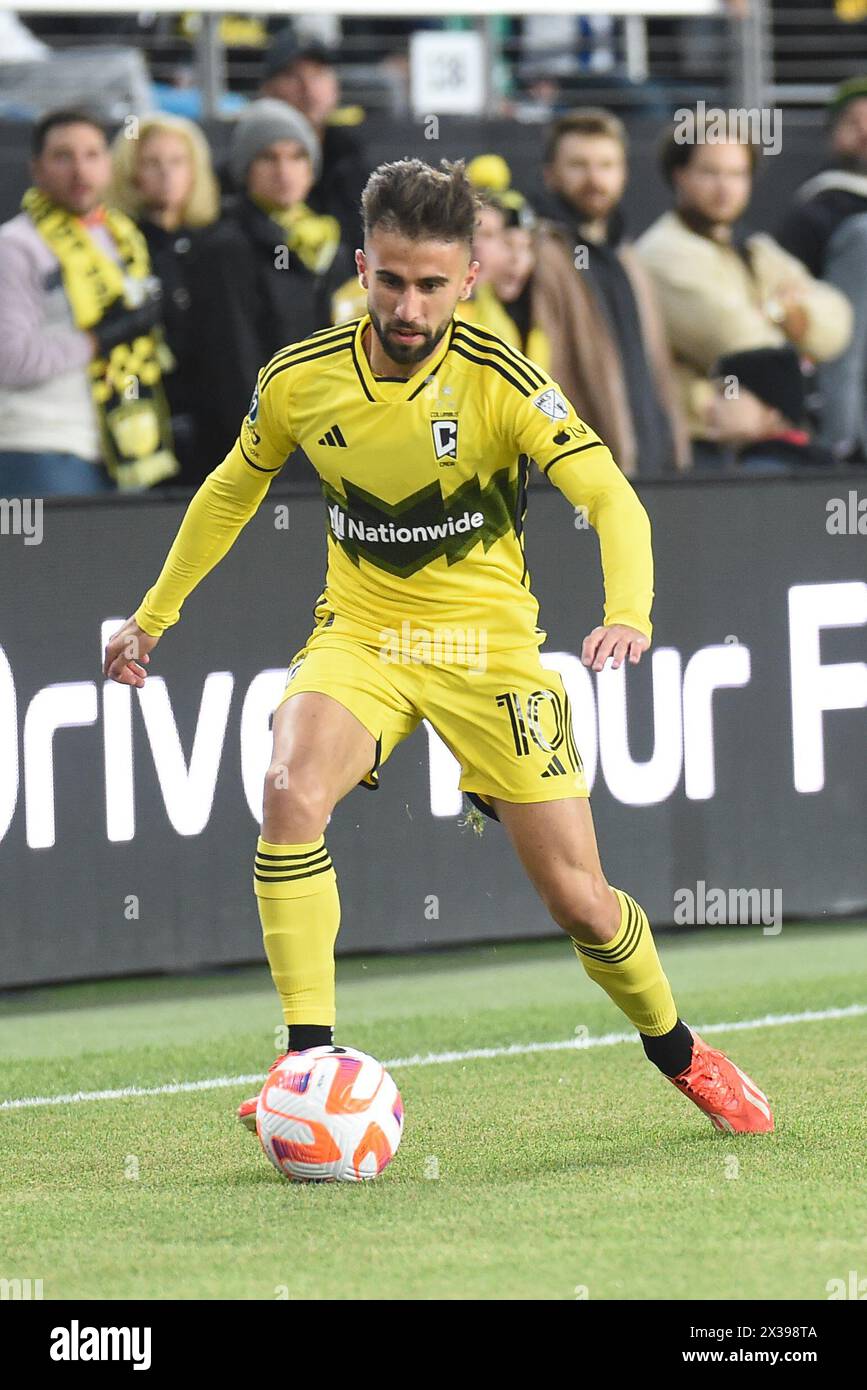 April 24, 2024: Columbus Crew forward Diego Rossi (10) handles the ball ...