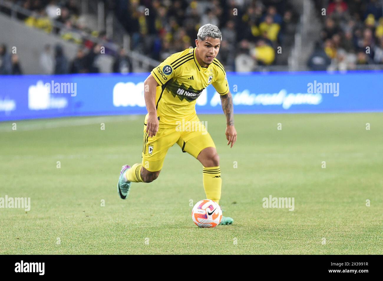 April 24, 2024: Columbus Crew forward Cucho HernÃ¡ndez (9) dribbles ...