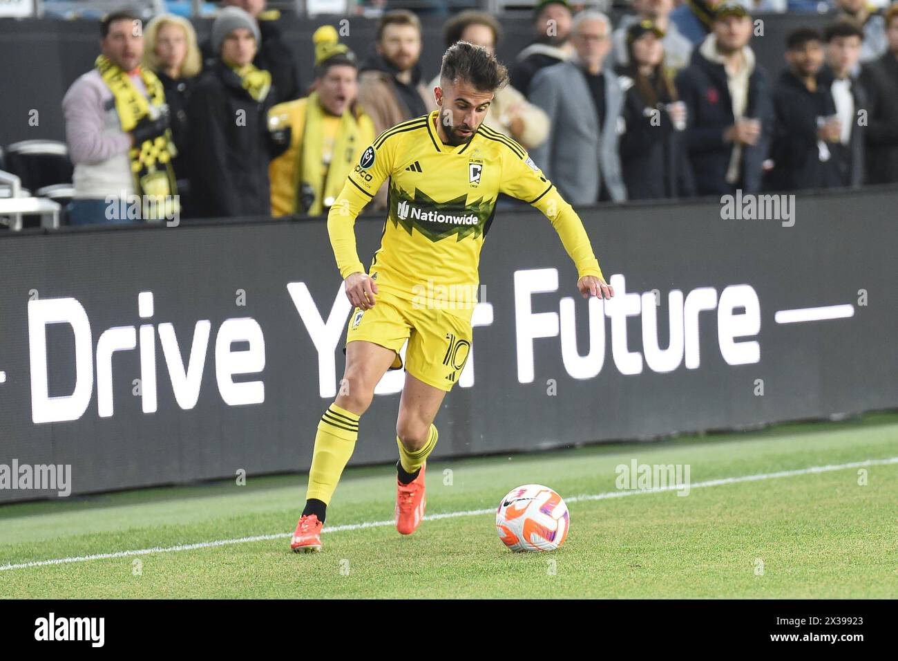 April 24, 2024: Columbus Crew forward Diego Rossi (10) handles the ball ...