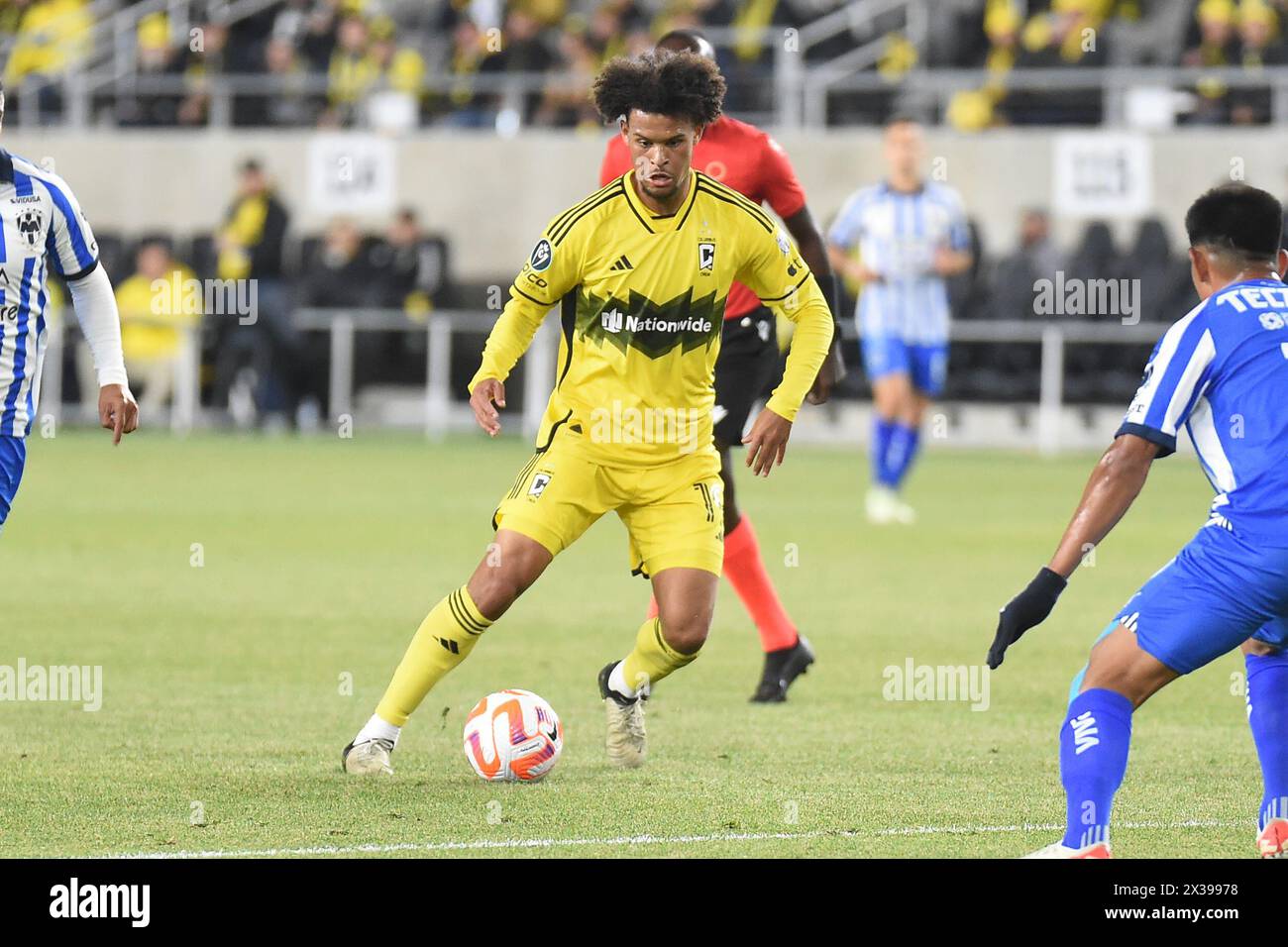 April 24, 2024: Columbus Crew forward Jacen Russell-Rowe (19) dribbles ...