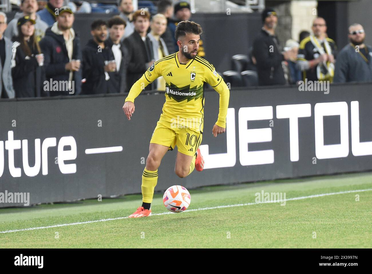 April 24, 2024: Columbus Crew forward Diego Rossi (10) handles the ball ...