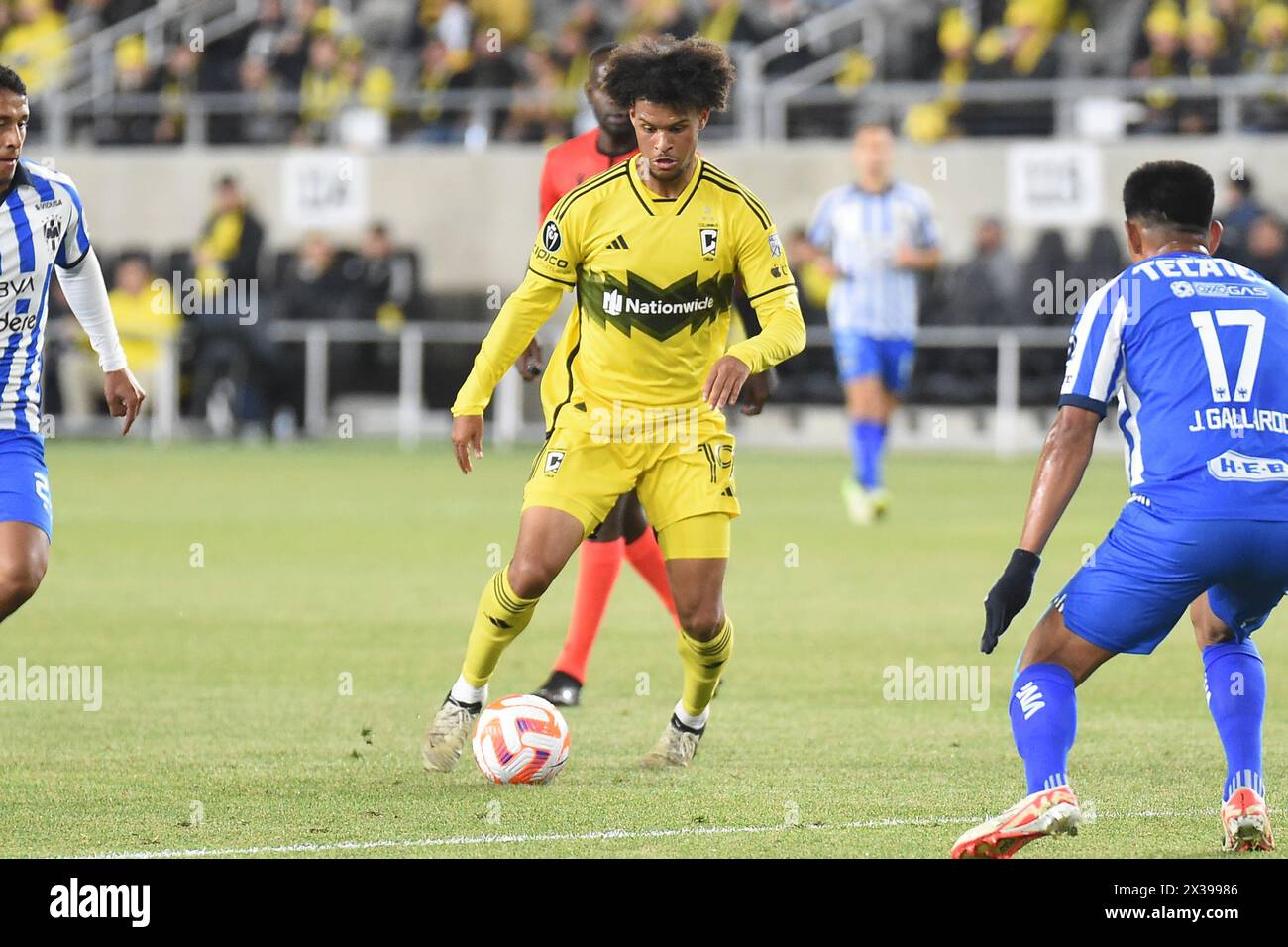 April 24, 2024: Columbus Crew forward Jacen Russell-Rowe (19) dribbles ...