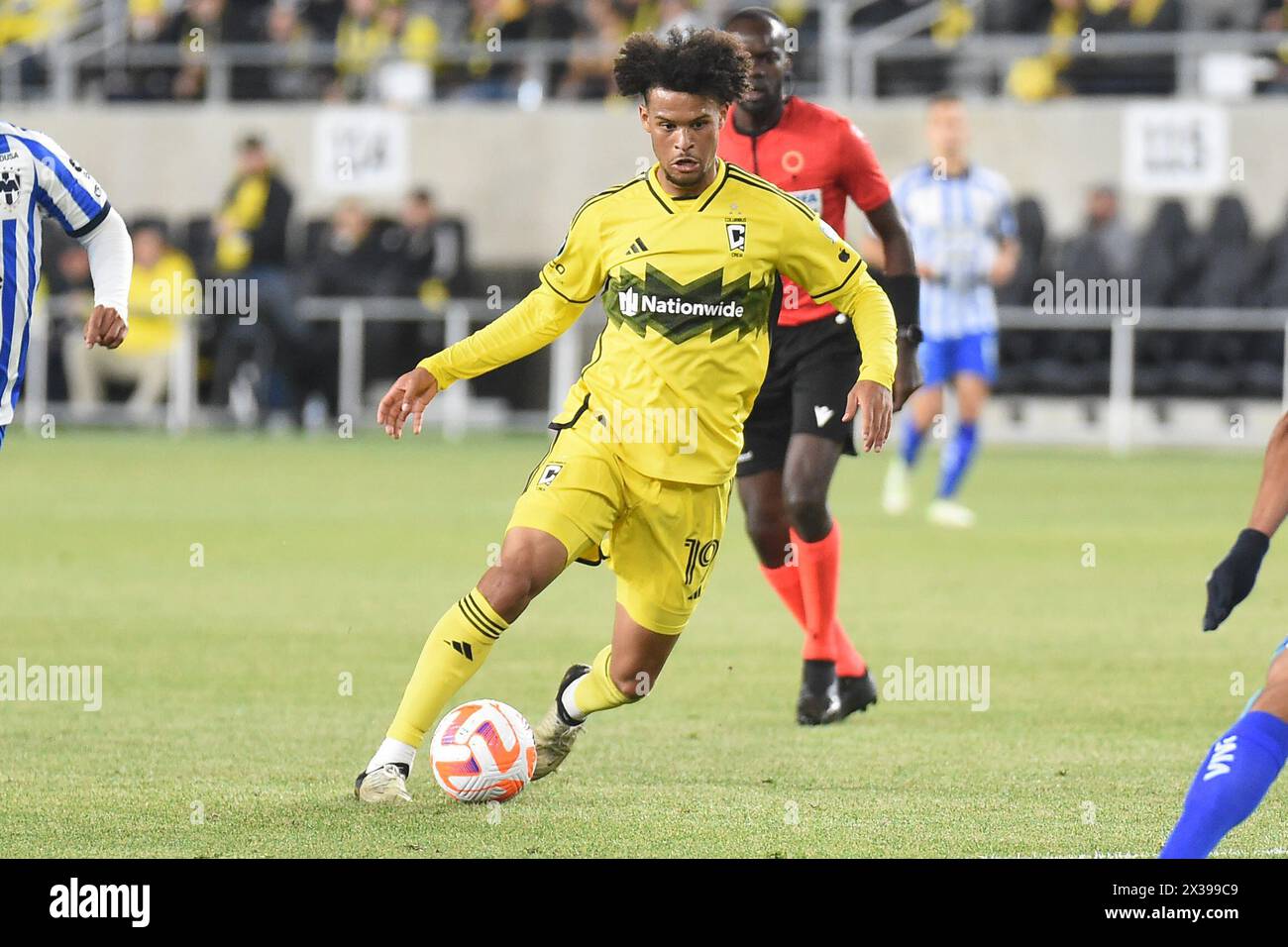 April 24, 2024: Columbus Crew forward Jacen Russell-Rowe (19) dribbles ...