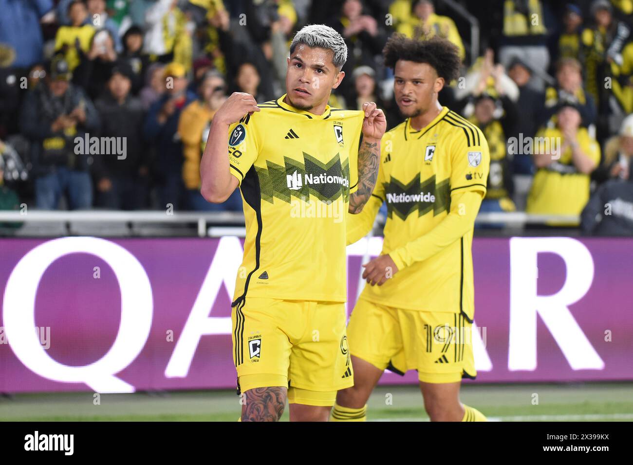 April 24, 2024: Columbus Crew forward Diego Rossi (10) celebrates his ...
