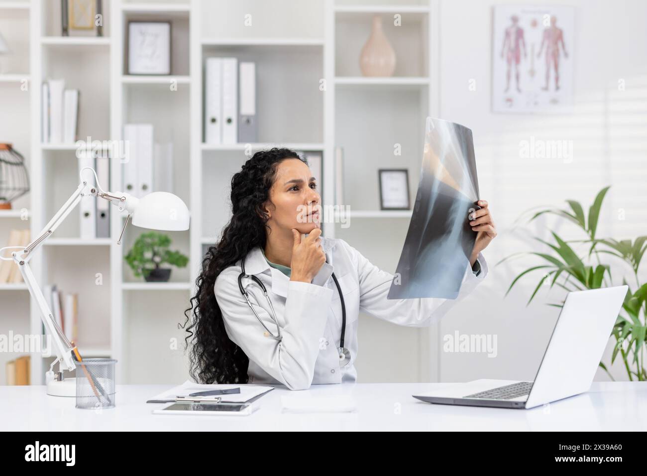 Focused Hispanic female doctor examining an X-ray film while ...