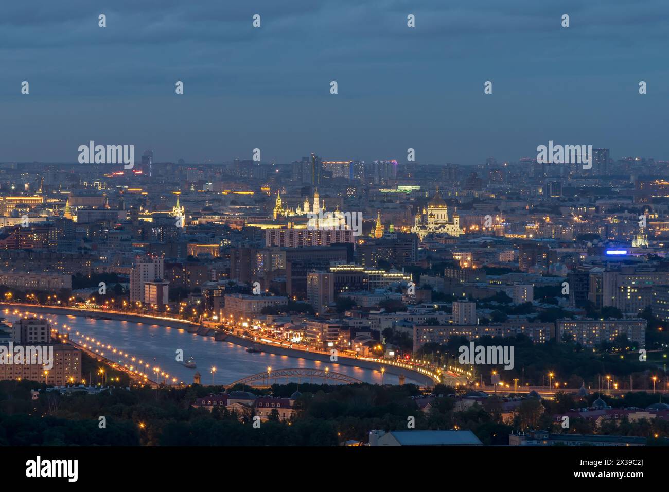River, Churches, Kremlin towers among roofs in center of Moscow, Russia ...