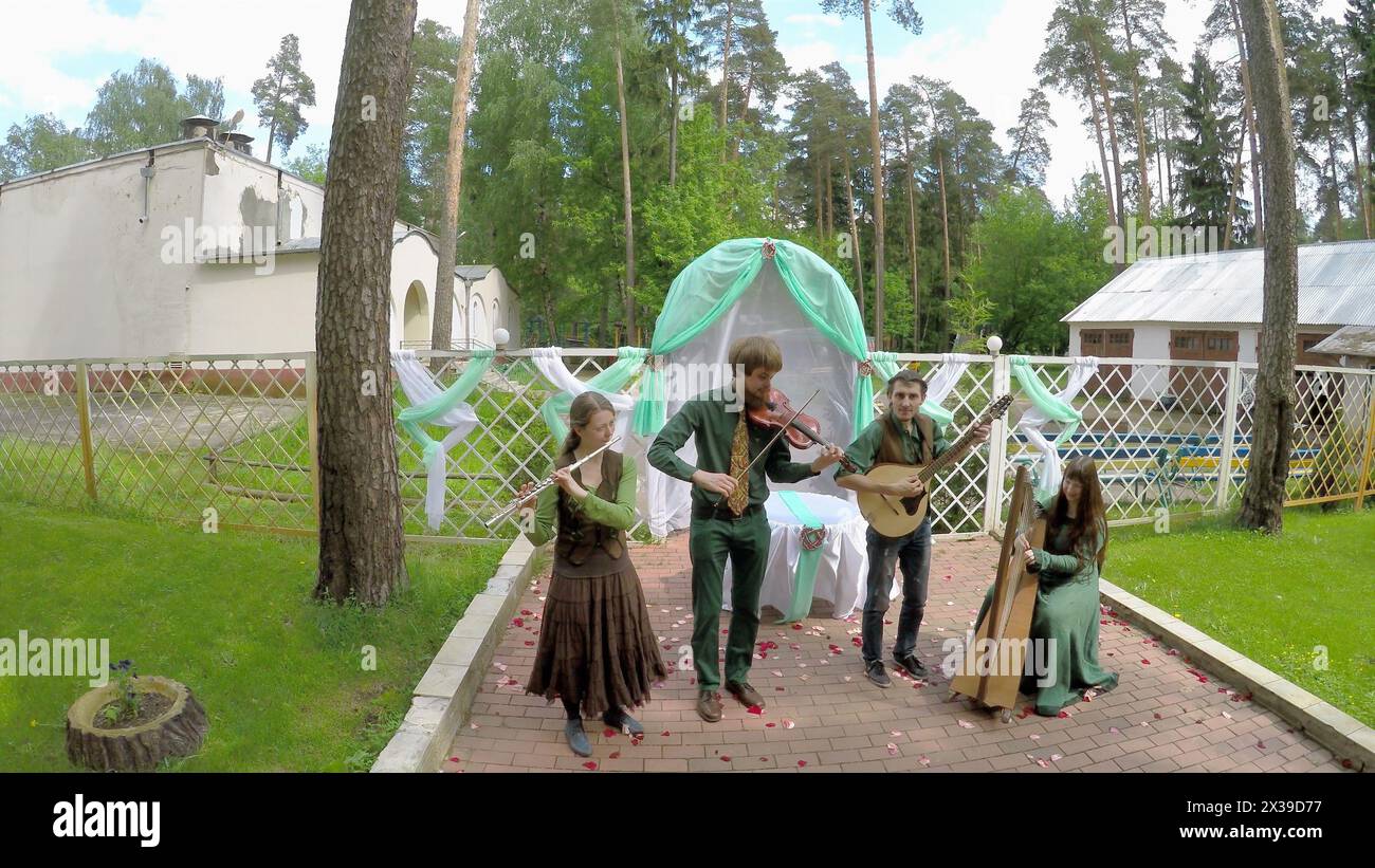 Four people band Polca plays music in forest at summer day. Aerial view ...