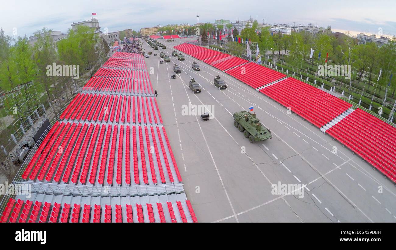 SAMARA - MAY 06, 2015: Military motorcade moves along empty tribunes ...