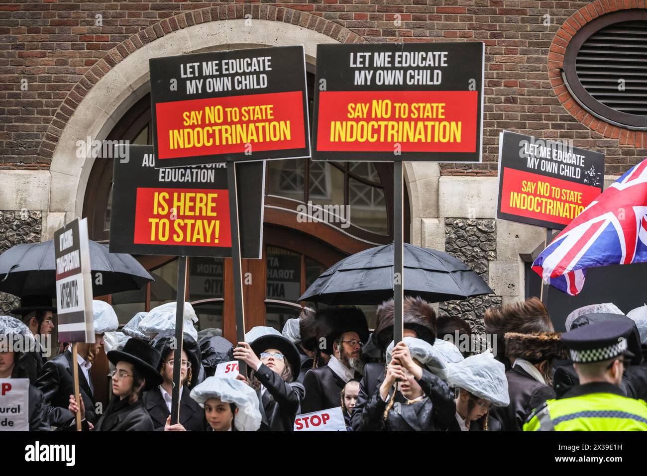 London, UK. 25th Apr, 2024. The protesters opposite the DfE. Several ...