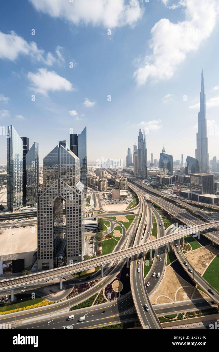 Big transport junction Burj Khalifa and other skyscrapers in Dubai city, UAE Stock Photo - Alamy