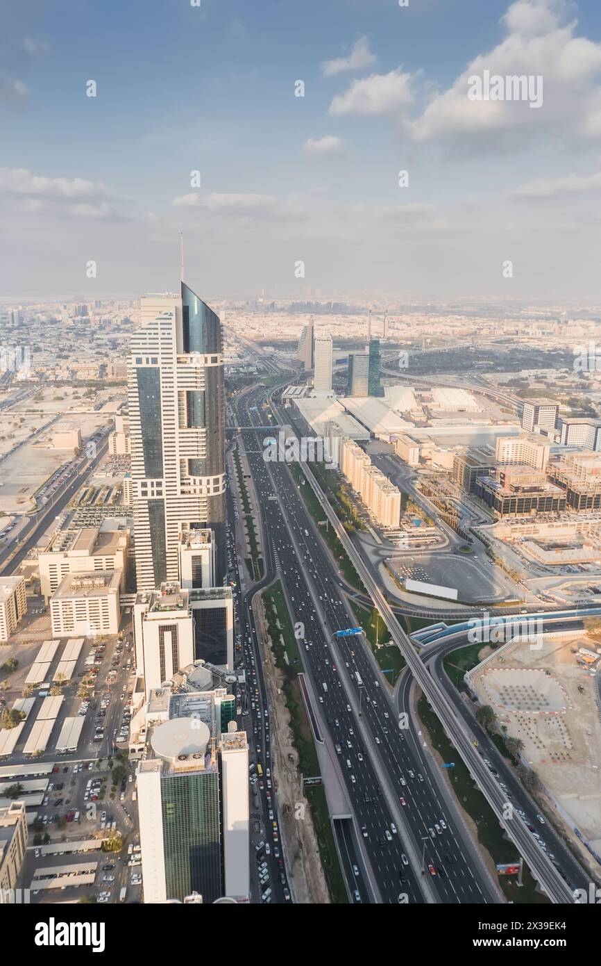 Sheikh Zayed highway and office tall buildings, panorama of city at ...