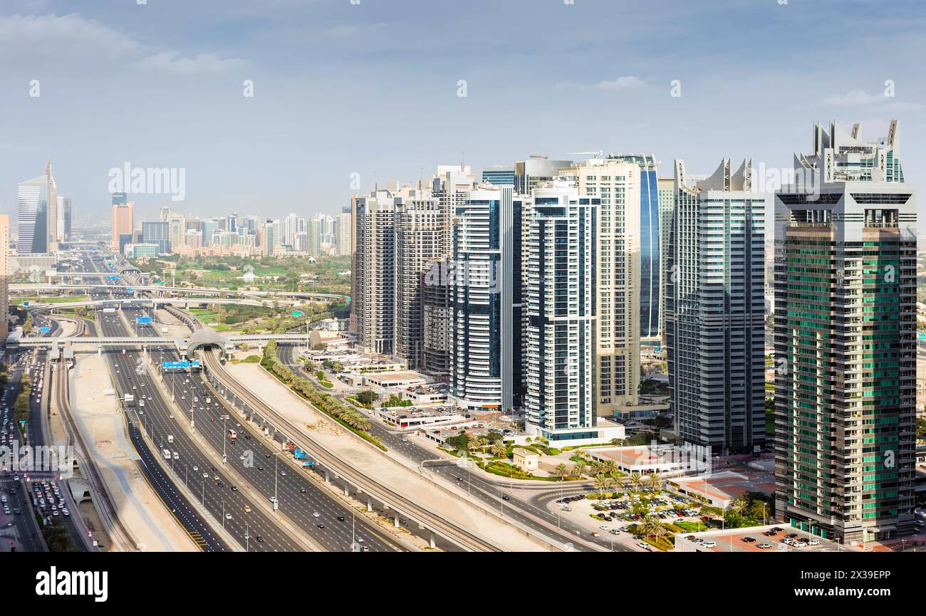 Sheikh Zayed Road and Dubai Marina area at suuny day in Dubai, UAE ...