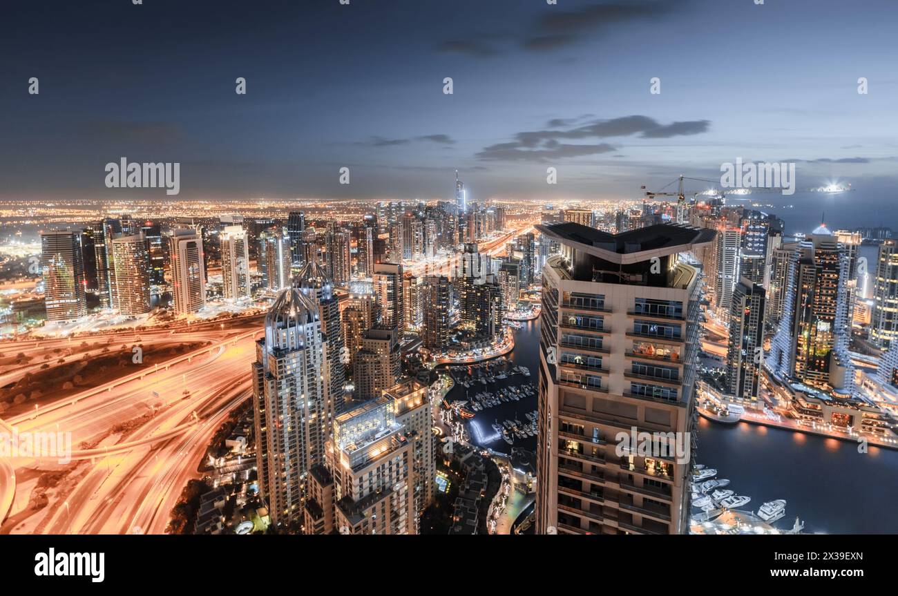 Beautiful Dubai Marina area, Sheikh Zayed highway and sea shore at ...