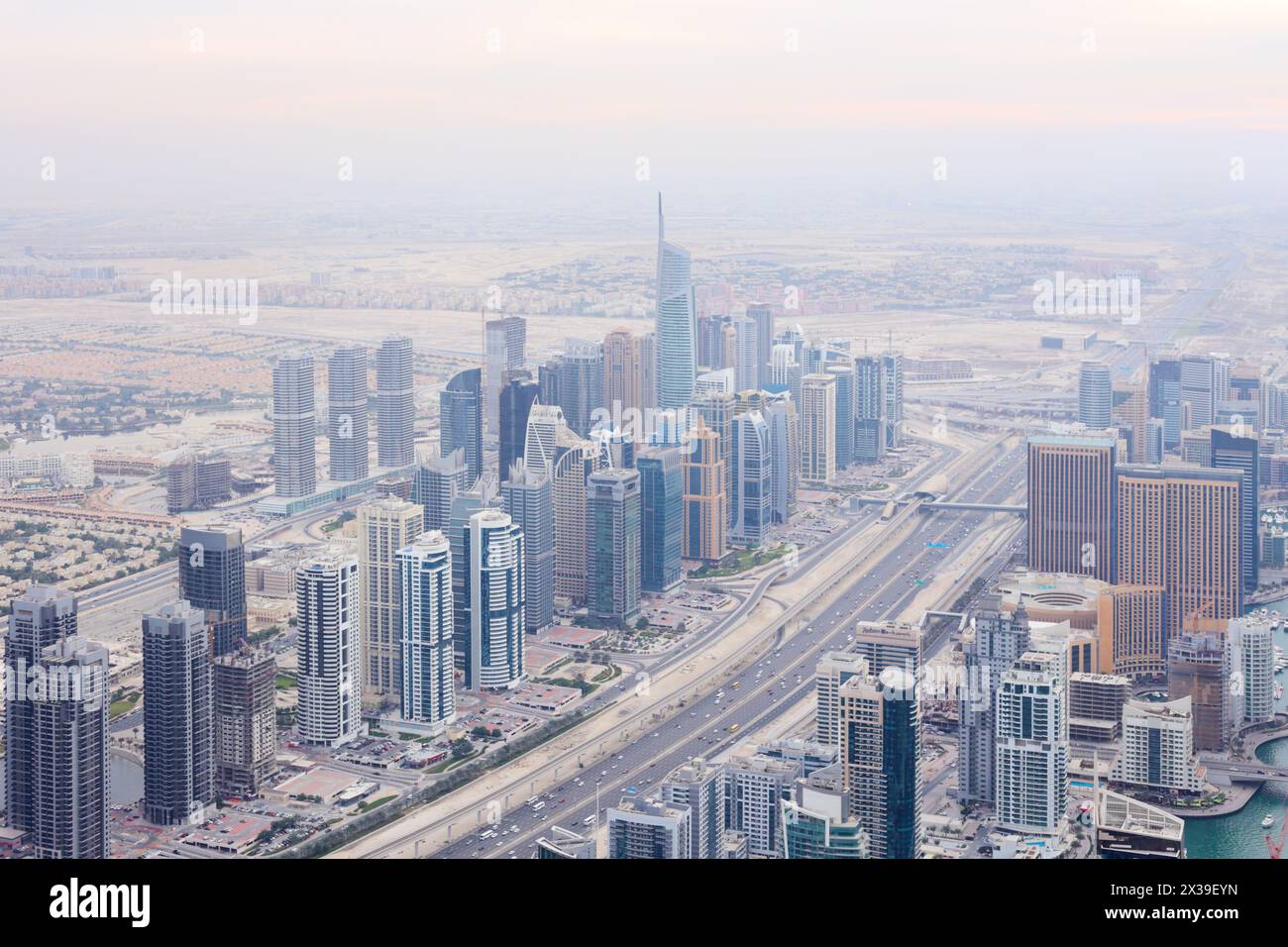 Beautiful Dubai Marina area, Sheikh Zayed highway in fog at day, Dubai ...