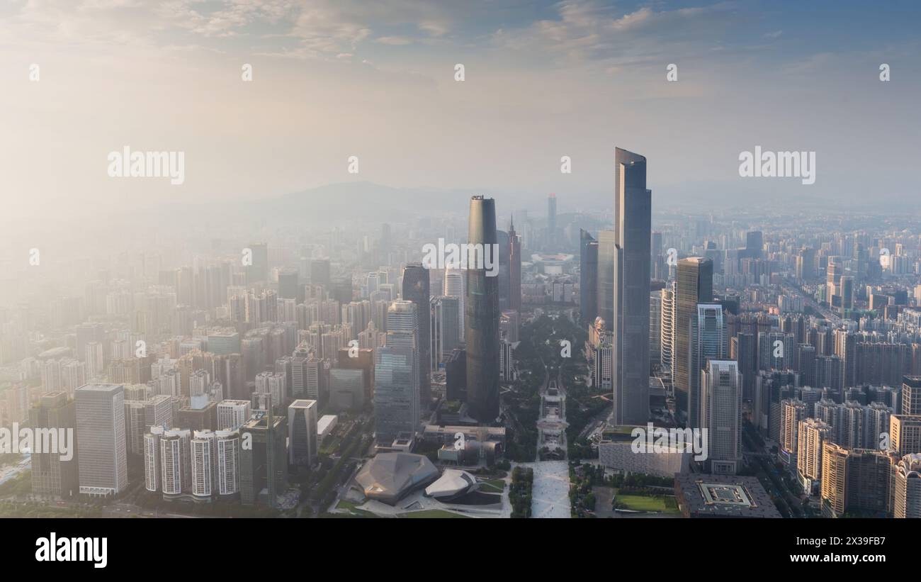 Guangzhou city panorama in fog during sunrise, China, aerial view Stock ...