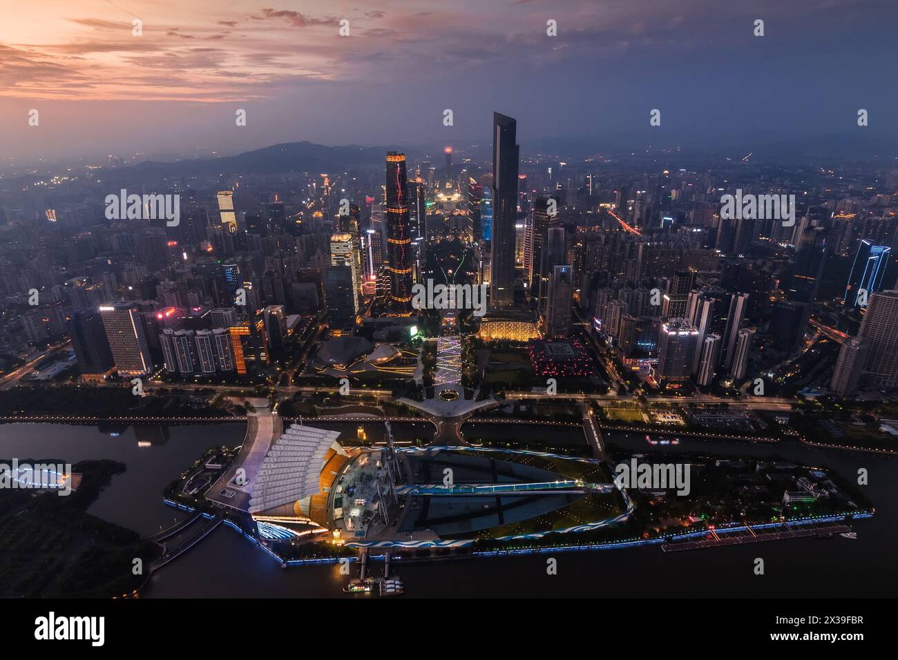Guangzhou city in fog at beautiful summer night, aerial view, China ...