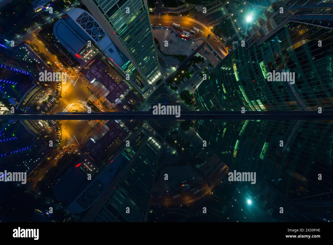 Skyscrapers with illumination in Shanghai city at night, top view from ...