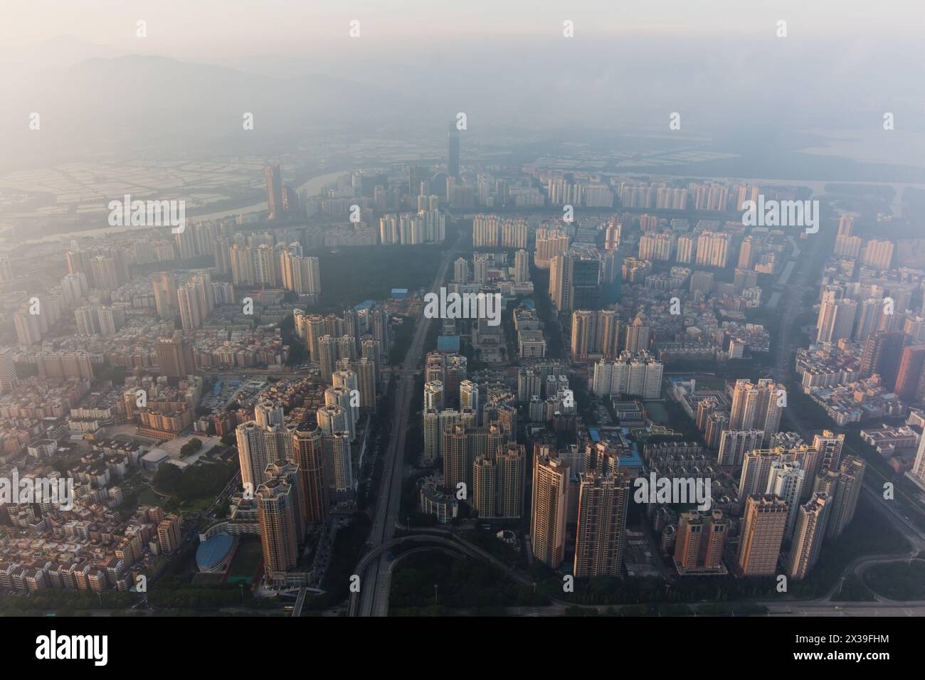 Beautiful morning cityscape of Shenzhen in fog, China, top view ...