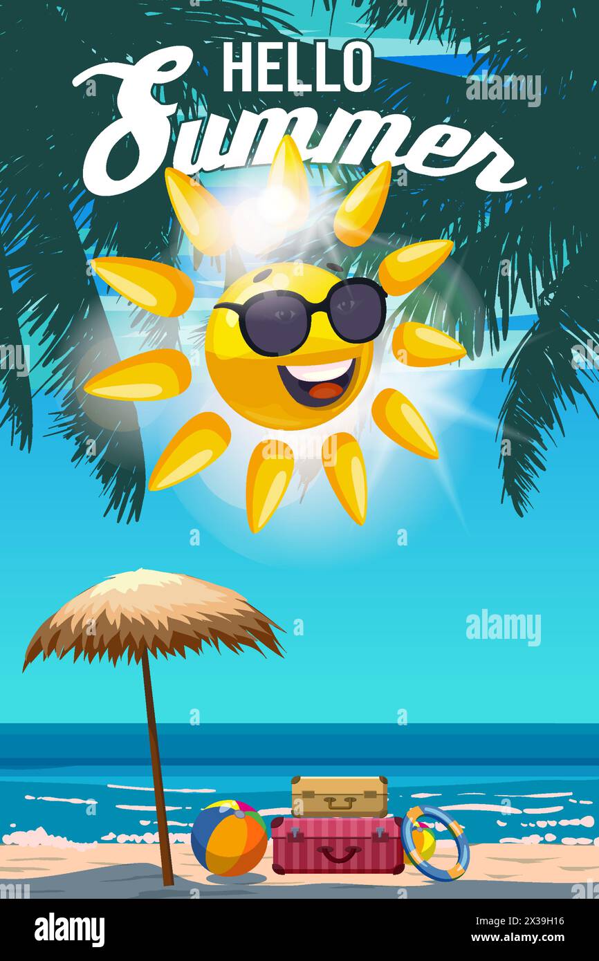 Hello Summer Holiday poster Sun cartoon character Stock Vector Image ...