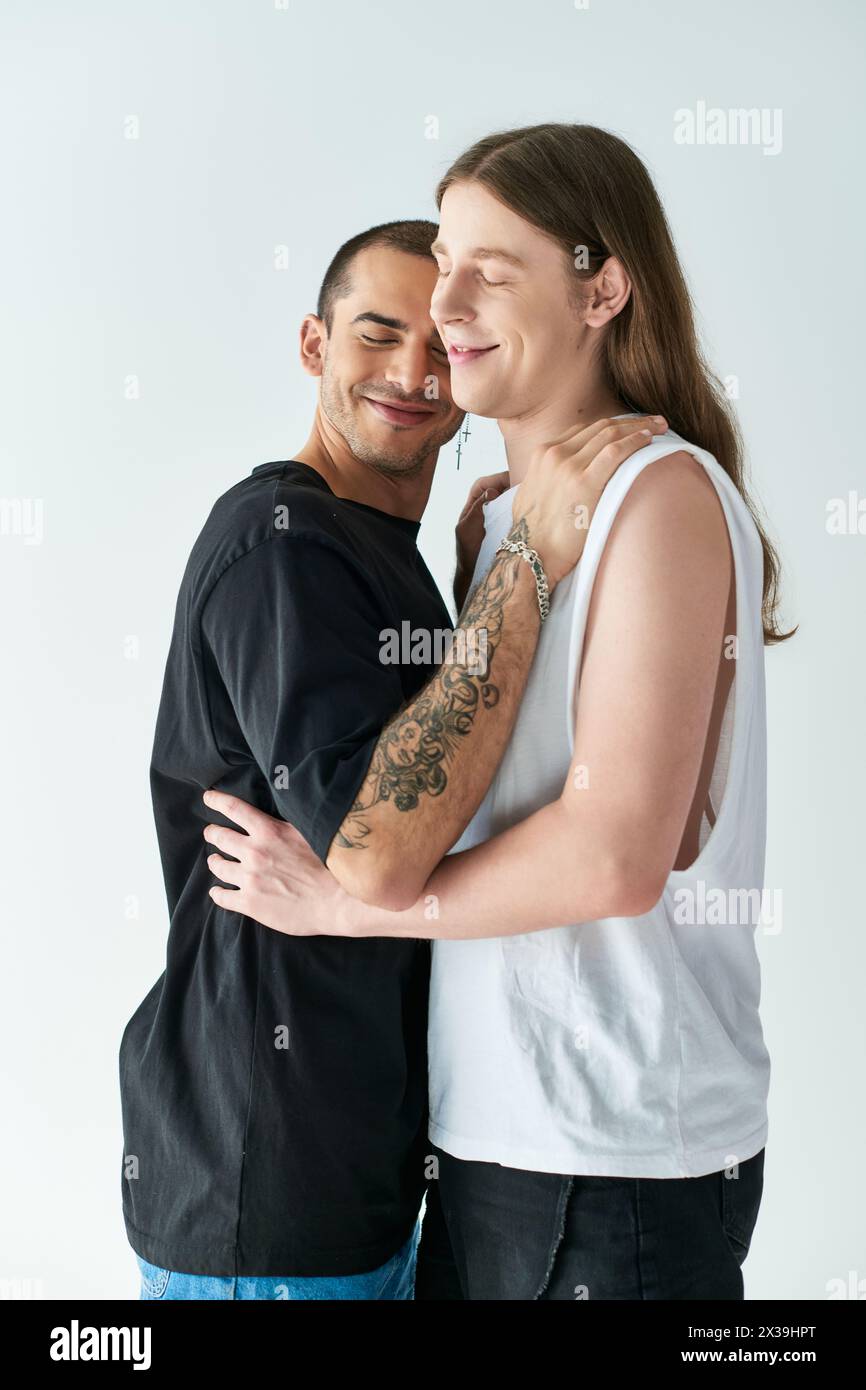 Two men share a warm hug filled with love and connection Stock Photo ...
