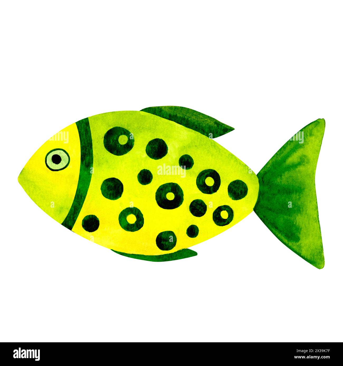 Funny green and yellow fish, marine underwater sea animal, watercolor ...