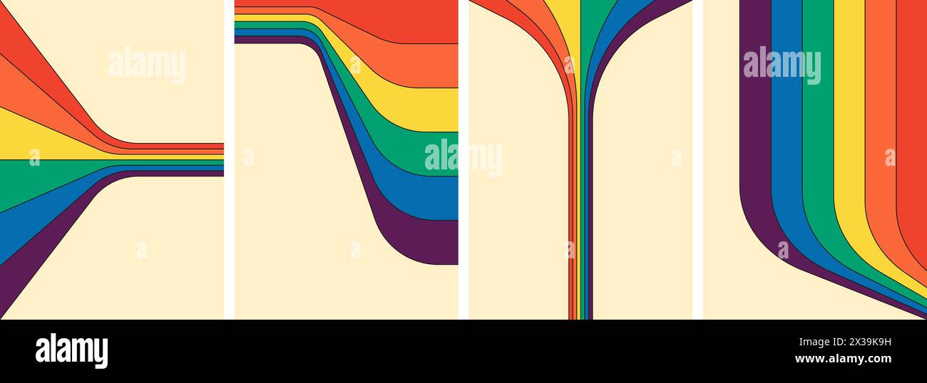 Retro groovy rainbow color striped poster set. Geometric hippie rainbows path on prints. Vintage ...