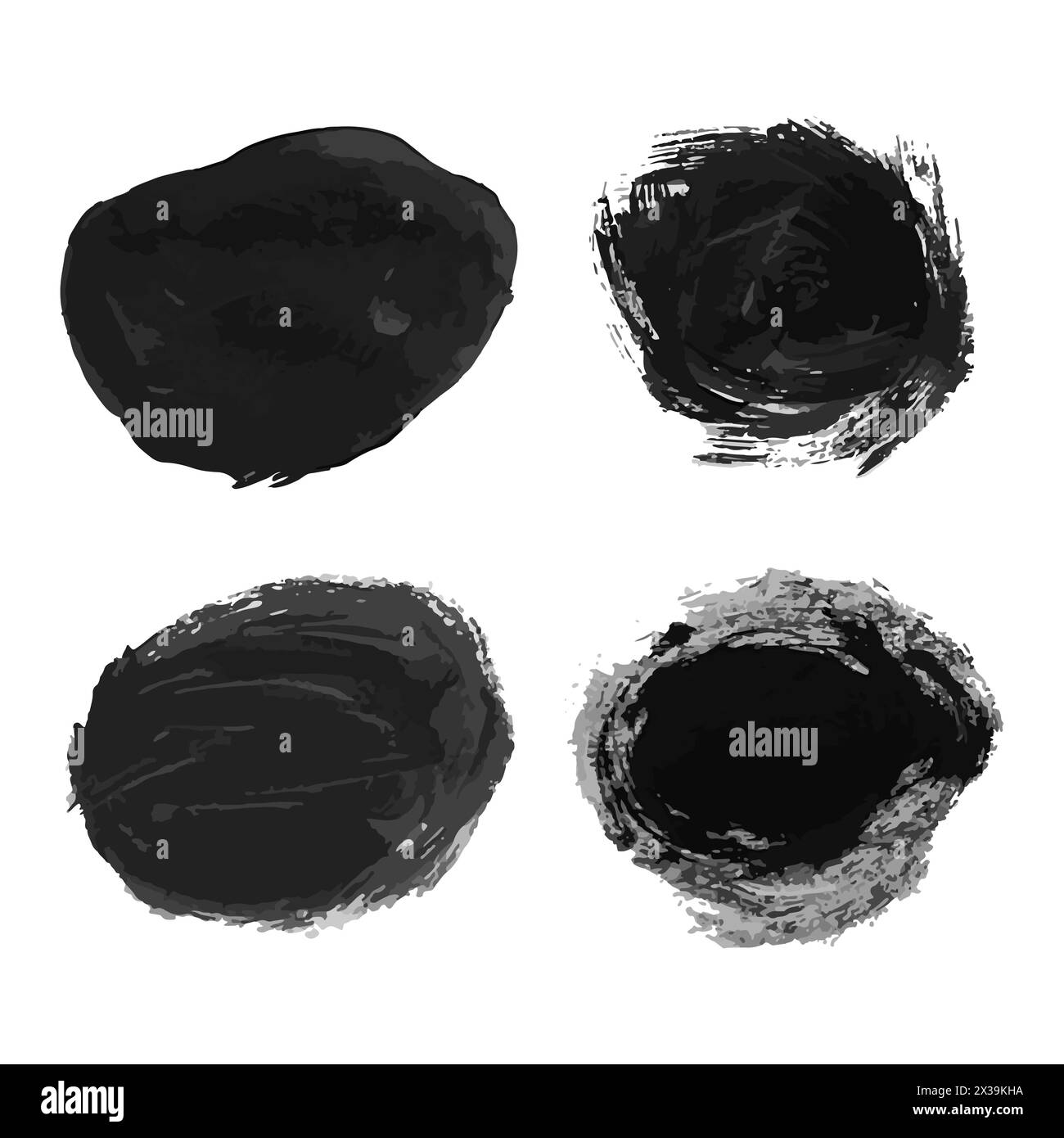 Set of four black hand drawn ink stains. Ink spots isolated on white ...