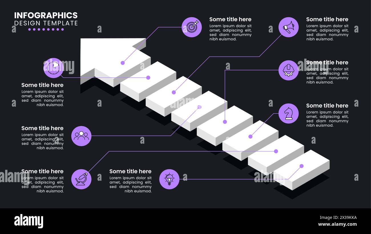 Infographic template with icons and 8 options or steps. Isometric arrow. Can be used for ...