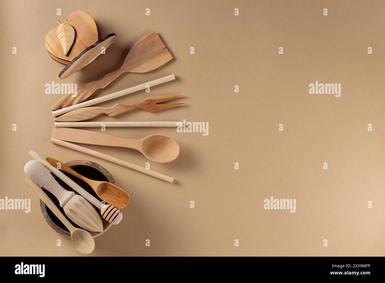 Wooden Kitchen Utensils Collection on Beige Background, Top View, Copy ...