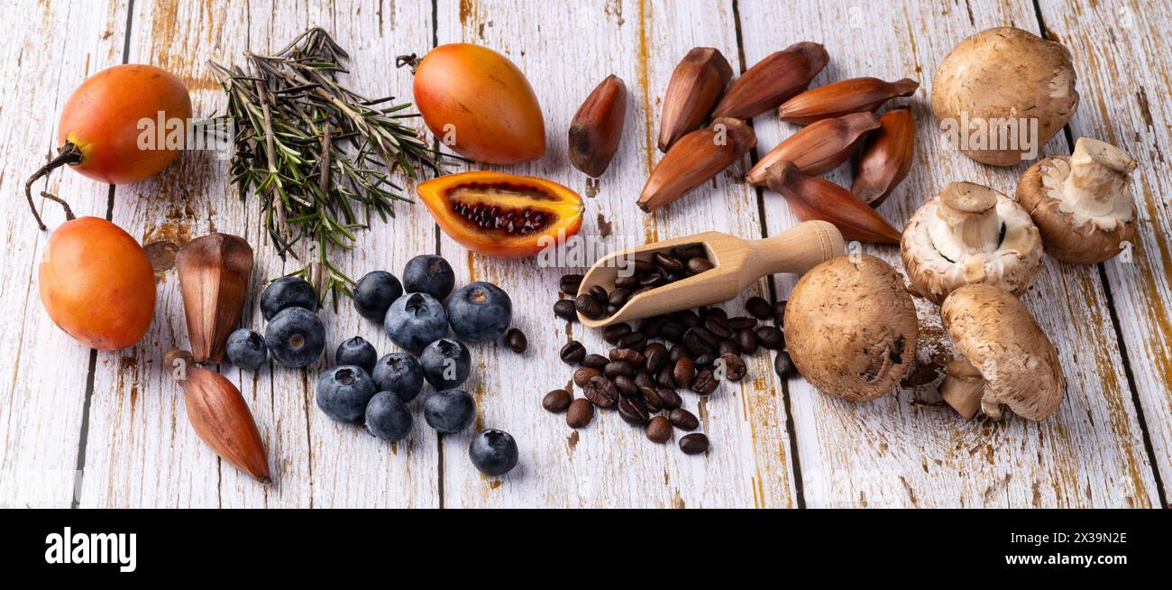 Brazilian Mantiqueira region typical ingredients. Tamarillo, pinion ...