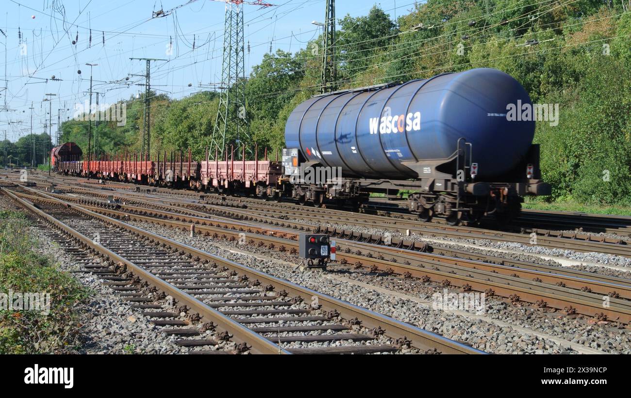 A long train of mixed goods wagons at Cologne-Gremberg, Germany, Europe ...