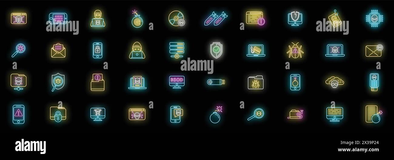 Malware icons set outline vector. Cyber attack. Risk secure neon color ...