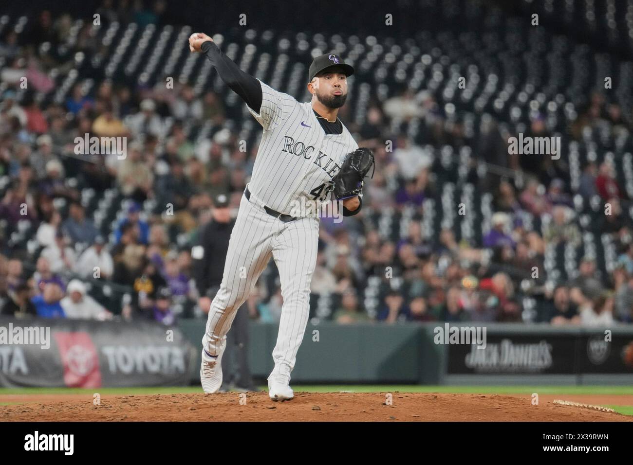 Denver CO, USA. 24th Apr, 2024. Colorado pitcher Anthony Molina (43 ...
