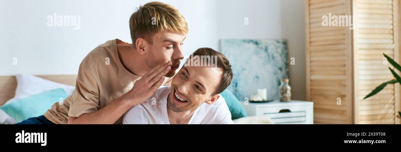 A man in casual attire carrying his partner on his shoulders in a ...