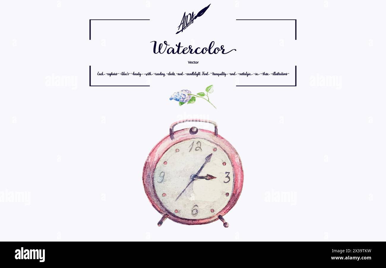 Vector watercolor illustration: red clocks against a floral backdrop ...