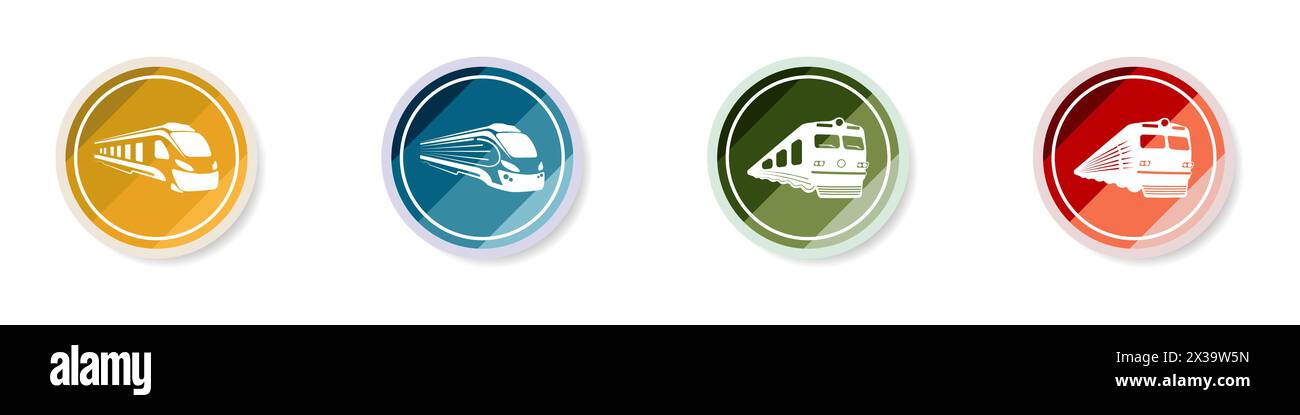 Color railway icon collection. Set of stylish buttons with trains ...