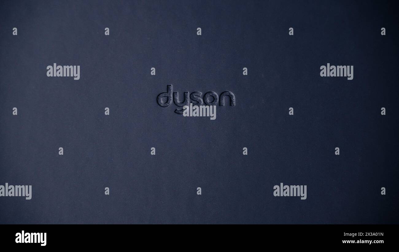 Jurmala, Latvia 23.04.2024: A blue background with the word Dyson in ...