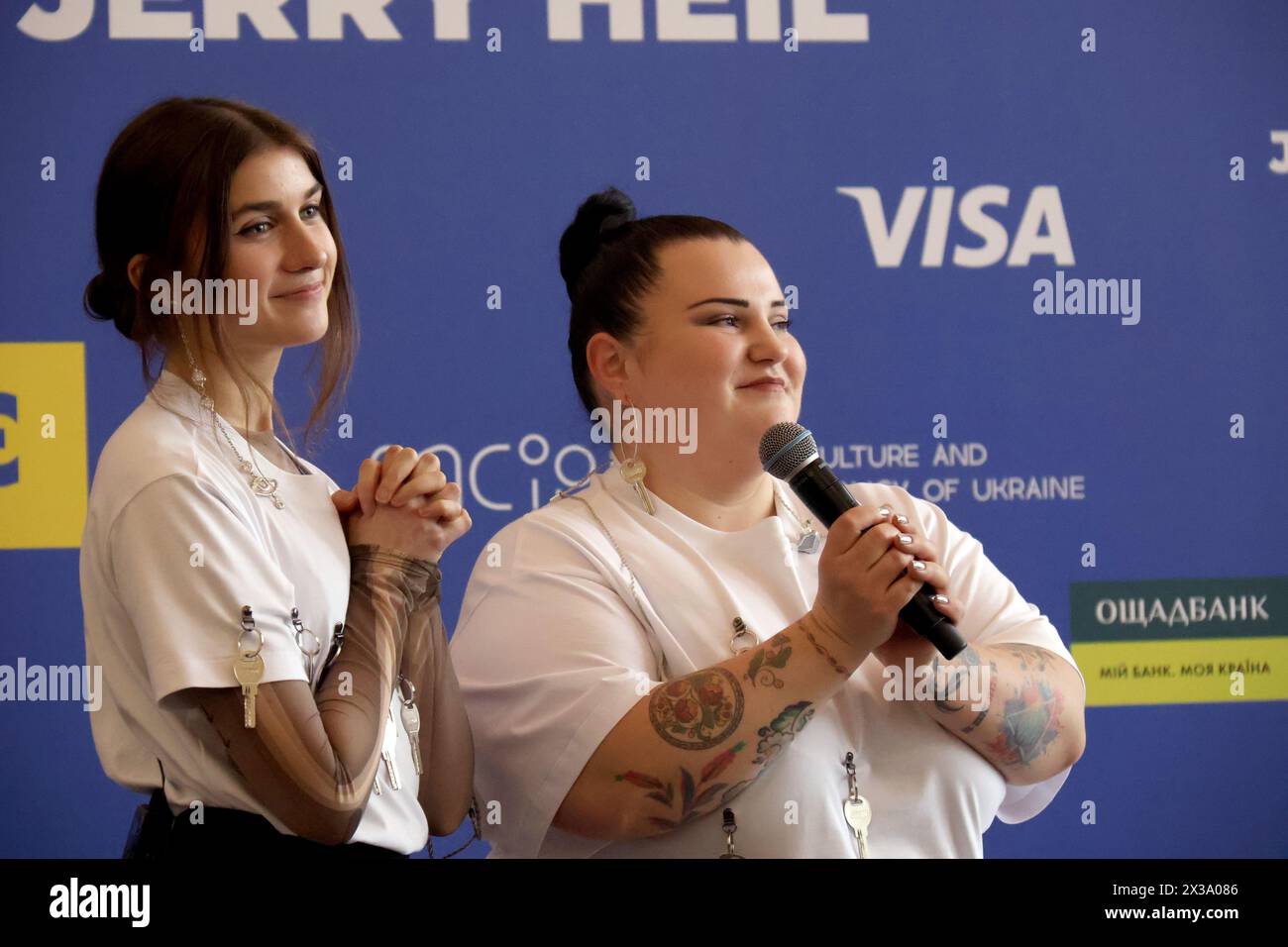 KYIV, UKRAINE - APRIL 25, 2024 - Singers Yana Shemaieva (Jerry Heil) (L ...