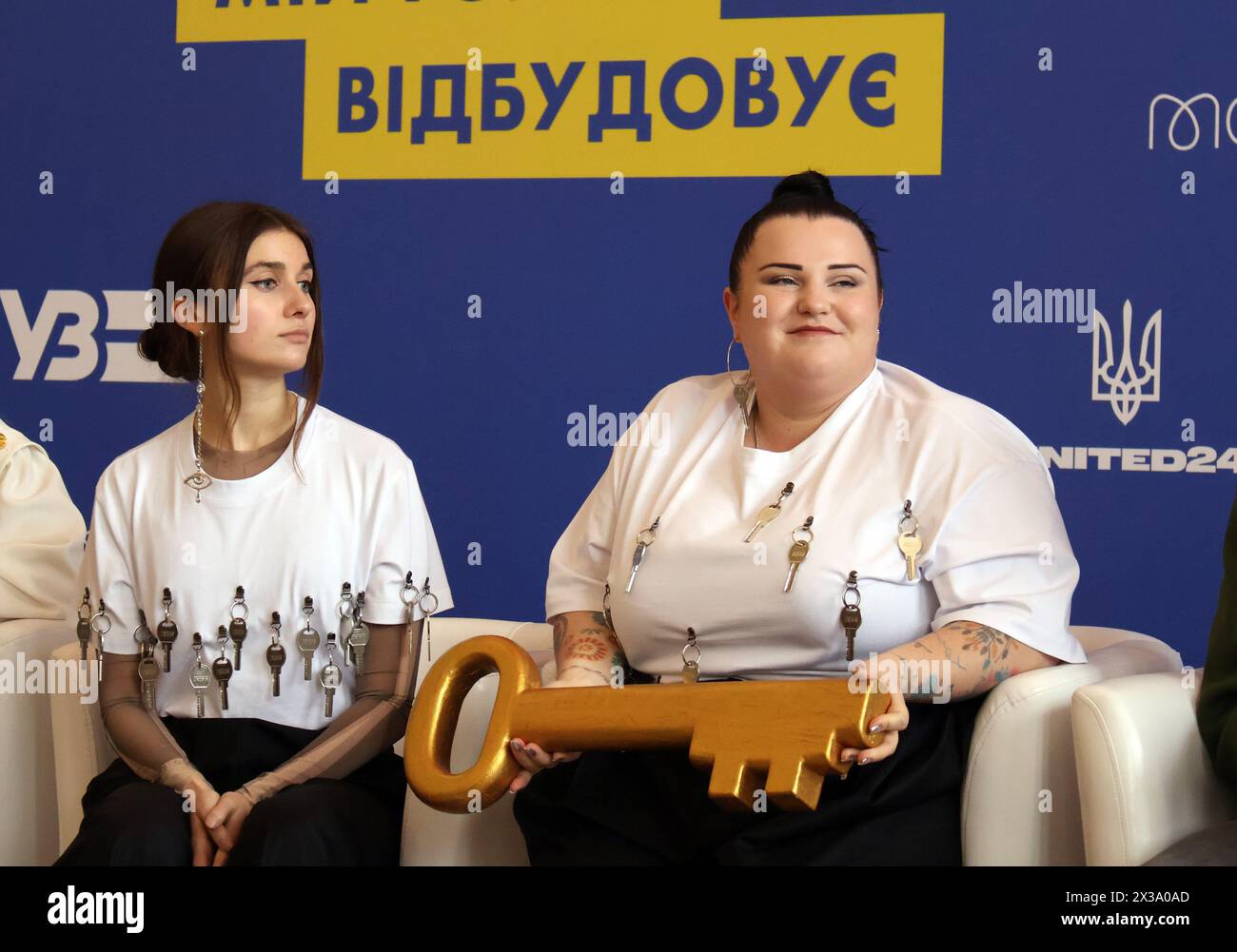 KYIV, UKRAINE - APRIL 25, 2024 - Singers Yana Shemaieva (Jerry Heil) (L ...