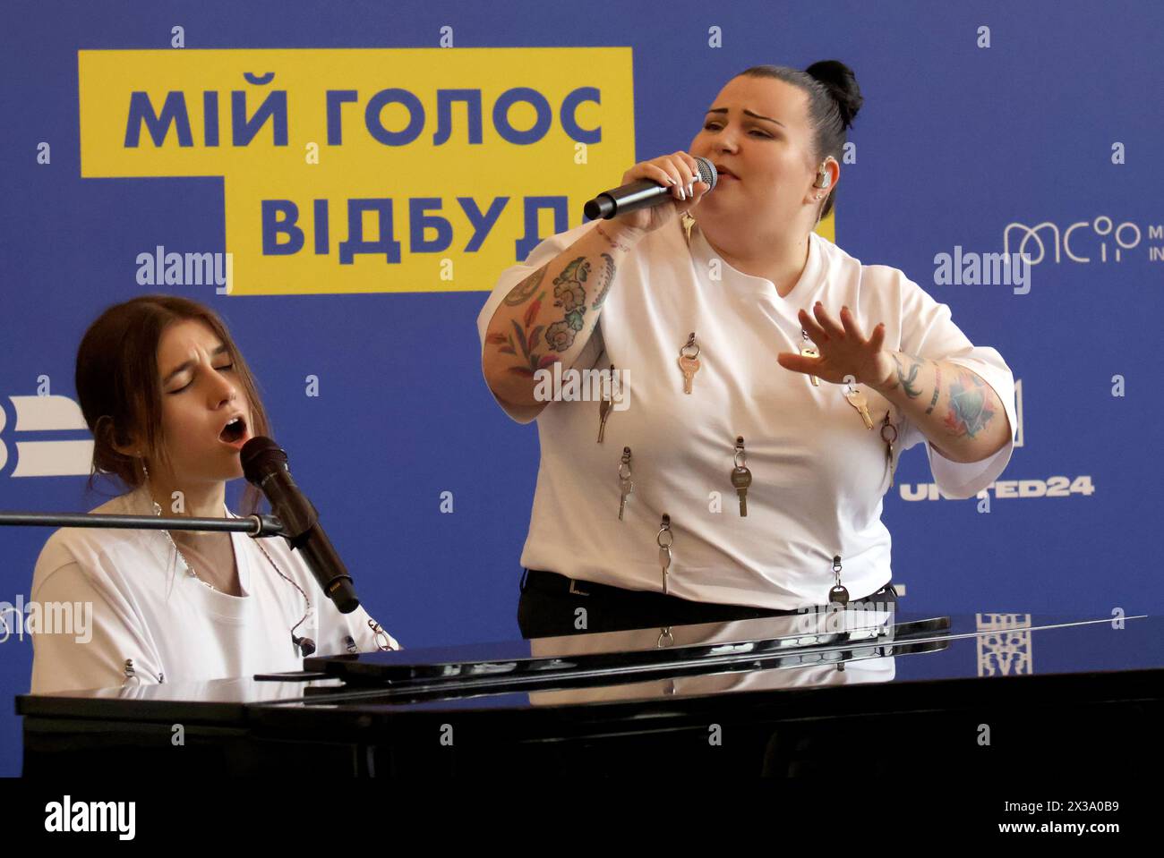 KYIV, UKRAINE - APRIL 25, 2024 - Singers Yana Shemaieva (Jerry Heil) (L ...