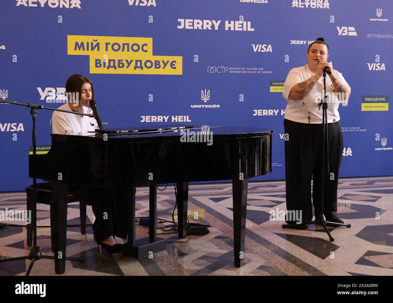 KYIV, UKRAINE - APRIL 25, 2024 - Singers Yana Shemaieva (Jerry Heil) (L ...